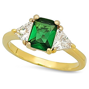 The Bling Factory Gold Plated Emerald-Cut Forest Green CZ Three-Stone Ring, Size 10