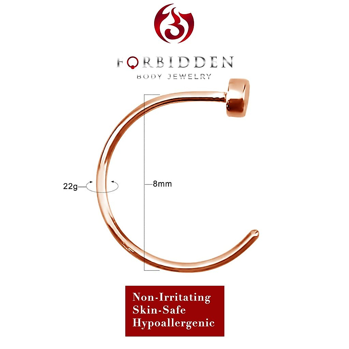Forbidden Body Jewelry Nose Ring Hoop, 22G (8mm), Surgical Steel, Rose Gold Tone