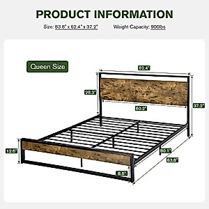 IMUsee Queen Bed Frame with Wooden Headboard, Modern Rustic Style Platform Bed Frame Queen Size, No Box Spring Needed, Easy Assembly, Brown