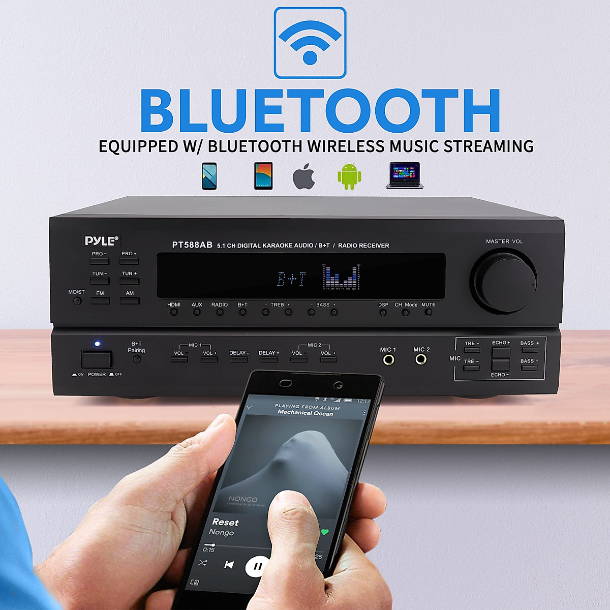 Pyle Wireless Bluetooth Power Amplifier System - 420W 5.1 Channel Home Theater Surround Sound Audio Stereo Receiver Box w/RCA, AUX, Mic w/Echo, Remote - for Subwoofer Speaker - Pyle PT588AB.5