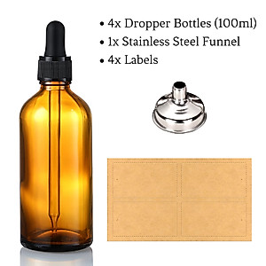 AOZITA 4 Pack, 100ml Dark Amber Dropper Bottles with 1 Funnels & 4 Labels - 3.4oz Brown Glass Tincture Bottles with Eye Droppers for Essential Oils, Liquids - Leakproof Travel Bottles