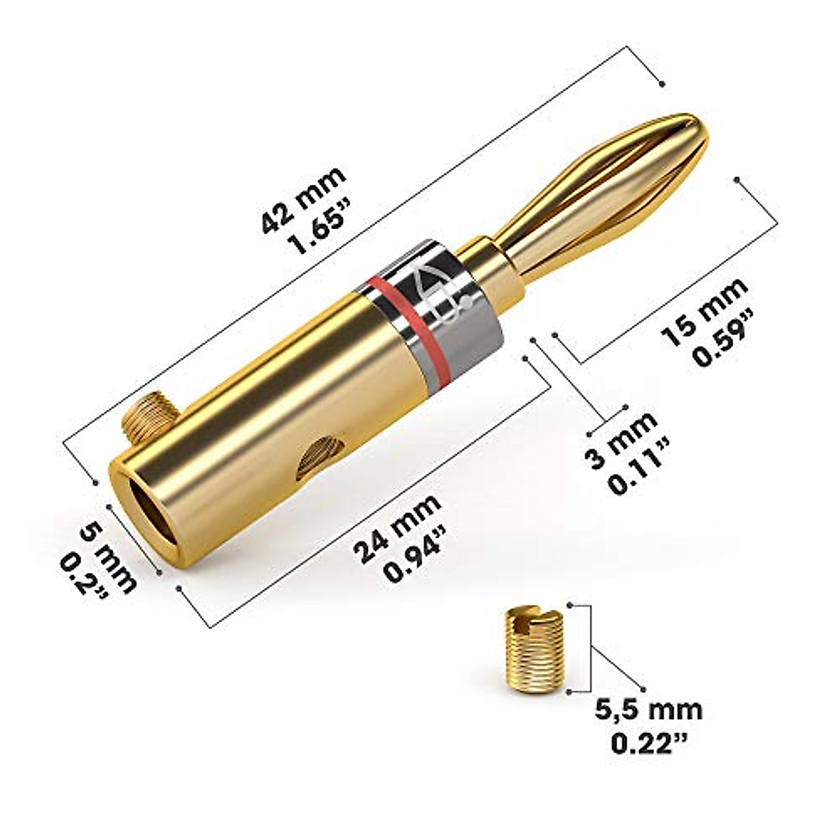 KabelDirekt – Banana Plugs – 5 Pairs (for Speaker Wire, AWG 10-16, Allow Flexible Connection to Speakers, amplifiers, A/V receivers, Power amplifiers & Stereo Systems, Fixing Screws, Gold Plated)