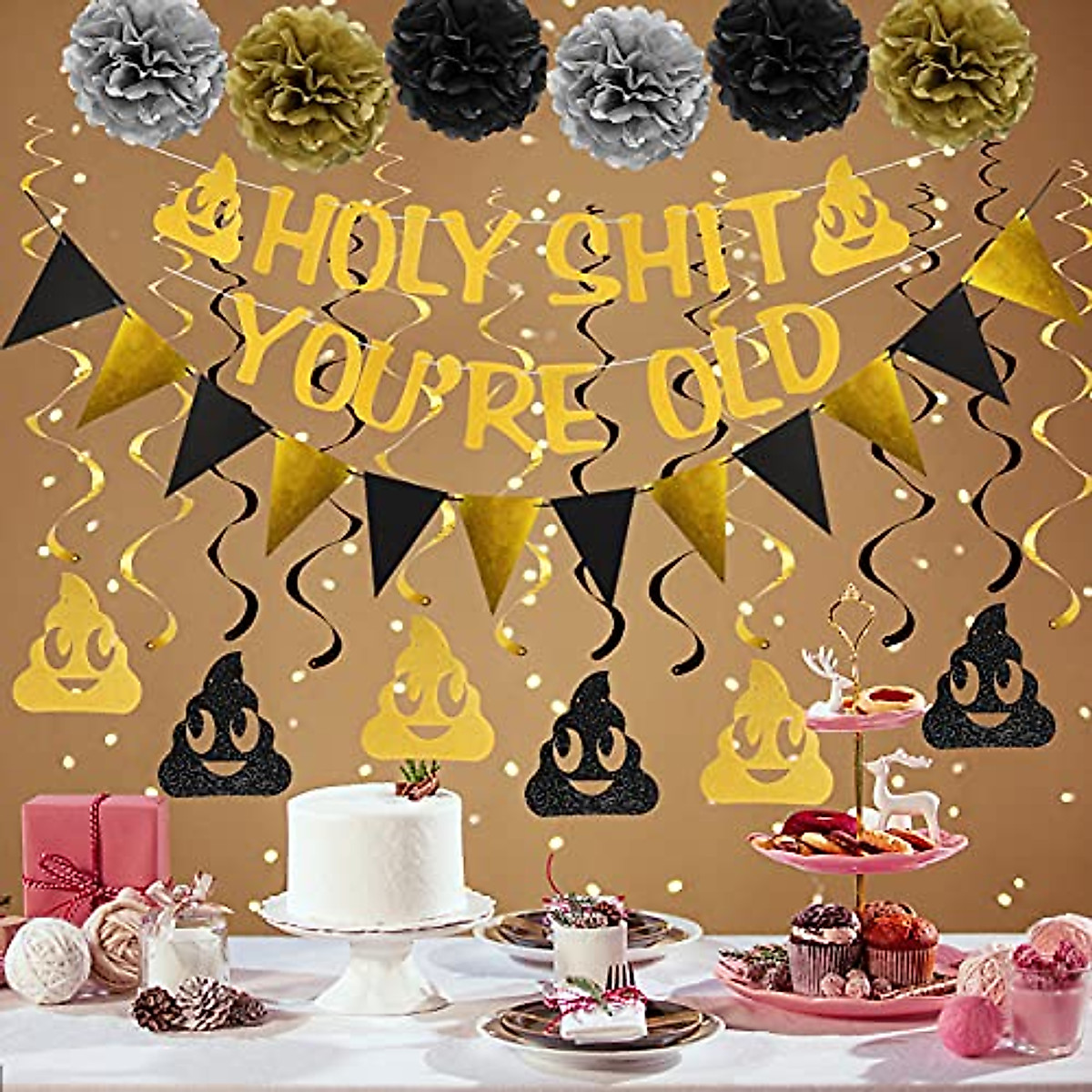 Holy Shit You're Old Banner Decorations Kit - 20Pcs - Gold Funny Adult Birthday Party Decor Sign for 30th-40th-50h-60th-70th-80th-90th Birthday - Including Holy Shit You're Old Banner, Triangle Flag, 12Pcs Swirl, 6Pcs Poms