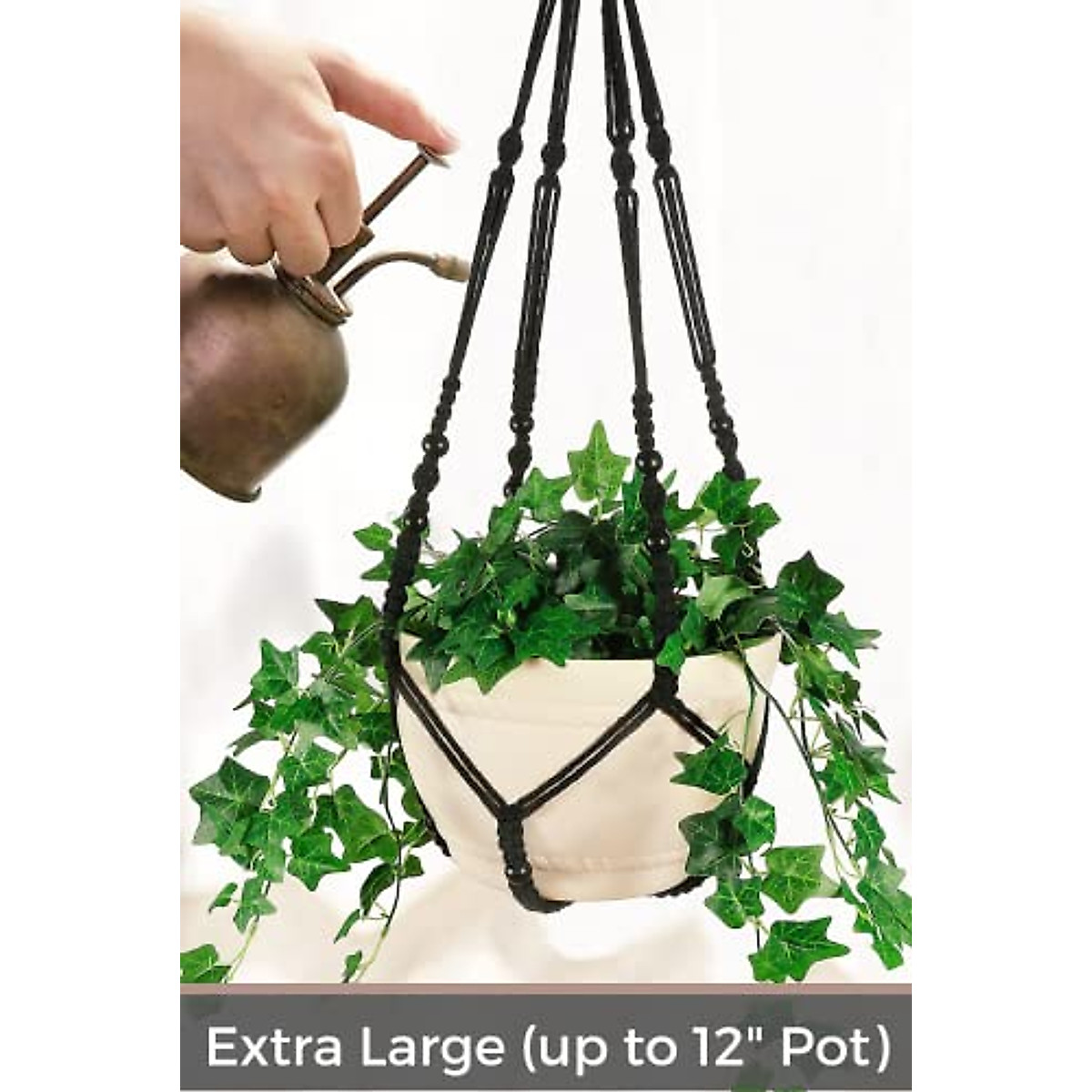 Shineloha 43 Inches Macrame Plant Hanger Large for up to 12 inch Pot | Extra Long + Hook | No Tassel, Cotton Rope Hanging Plant Holder with Swag Hook, NO Plant/Pot Included (Black)