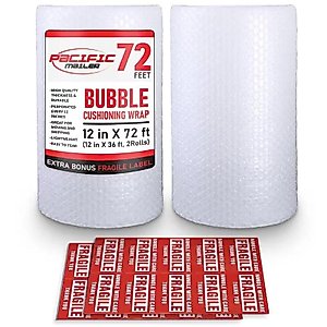 Bubble Cushioning Wrap Pacific Mailer 5/16 Inch x 12 Inch x 72Feet Total [2 Rolls of 36 Feet] Bubble Cushioning Wrap for Packing Moving Supplies Perforated Every 12"