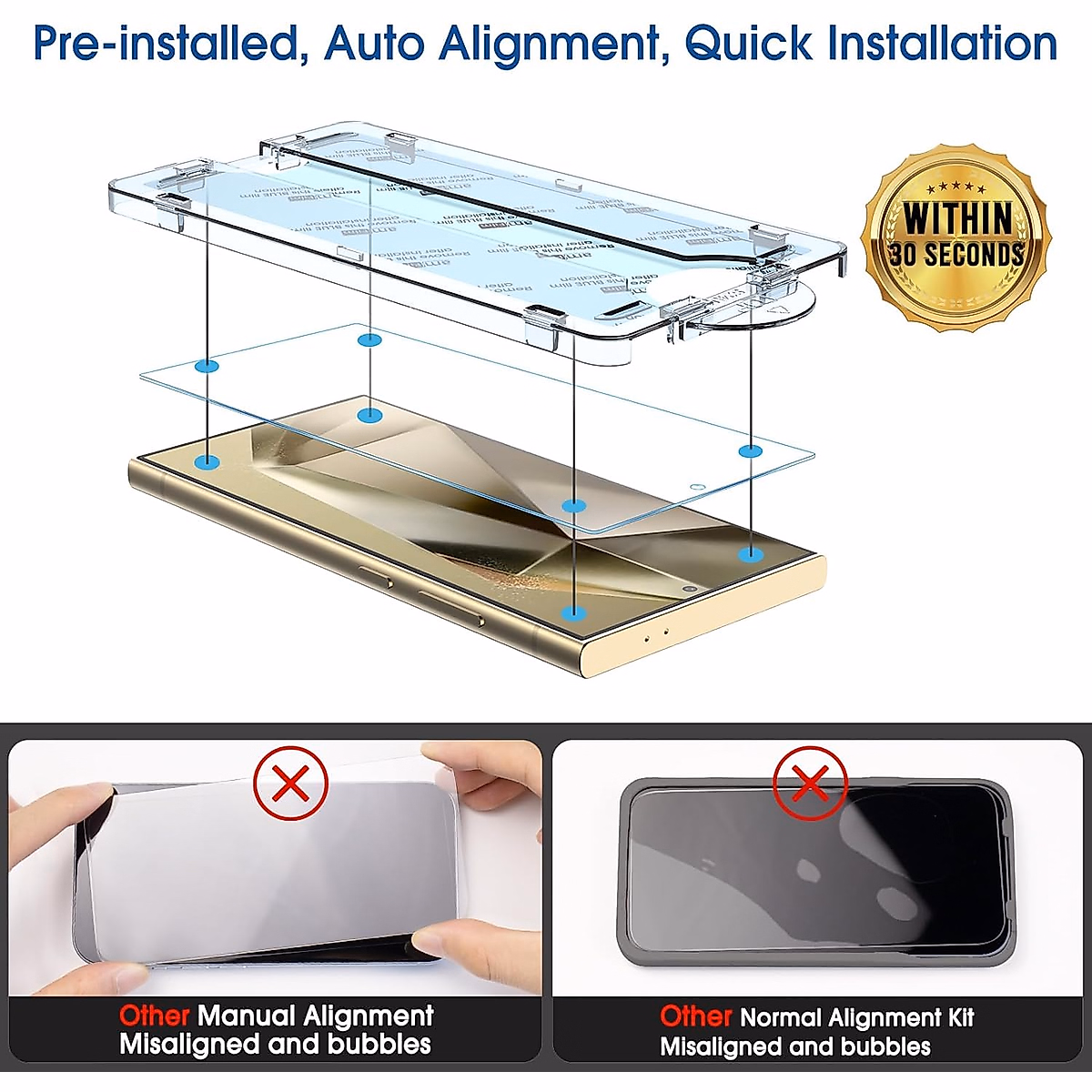 amFilm Auto-Alignment OneTouch for Samsung Galaxy S24 Ultra 6.8'' Screen Protector + Camera Lens Protector, Tempered Glass, 30 seconds Installation, Bubble Free, Case Friendly, Anti-Scratch [2+2 Pack]