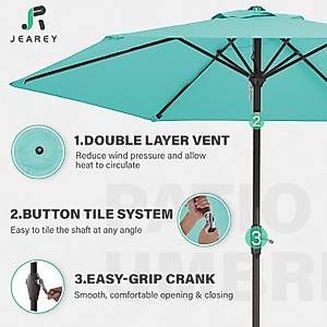 JEAREY 7.5FT Patio Umbrella Market Table Umbrella with 6 Sturdy Ribs, Push Button Tilt/Crank Outdoor Umbrella for Garden, Deck, Backyard, Pool and Beach,Teal Blue