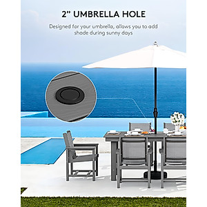 SERWALL 7 Piece Outdoor Dining Table Sets for 6 with 1 Umbrella Hole Cut-Out Rectangular Table and 6 Textilene Chairs, HDPE Dining Table Sets for Garden, Backyard, Poolside, Gray