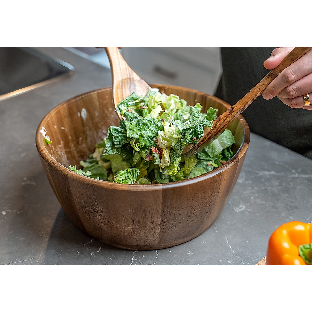 E&WES CO Large Solid Wood Salad Bowl Set 12-Inch Diameter With Wooden Utensils Spoon And Fork - Bowls Great For Mixing