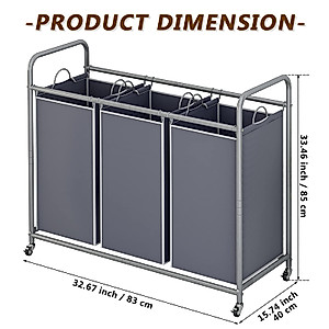 Laundry Sorter 3 Bag Laundry Hamper Cart with Rolling Lockable Wheels and Removable Bags Laundry Organizer Cart for Clothes Storage