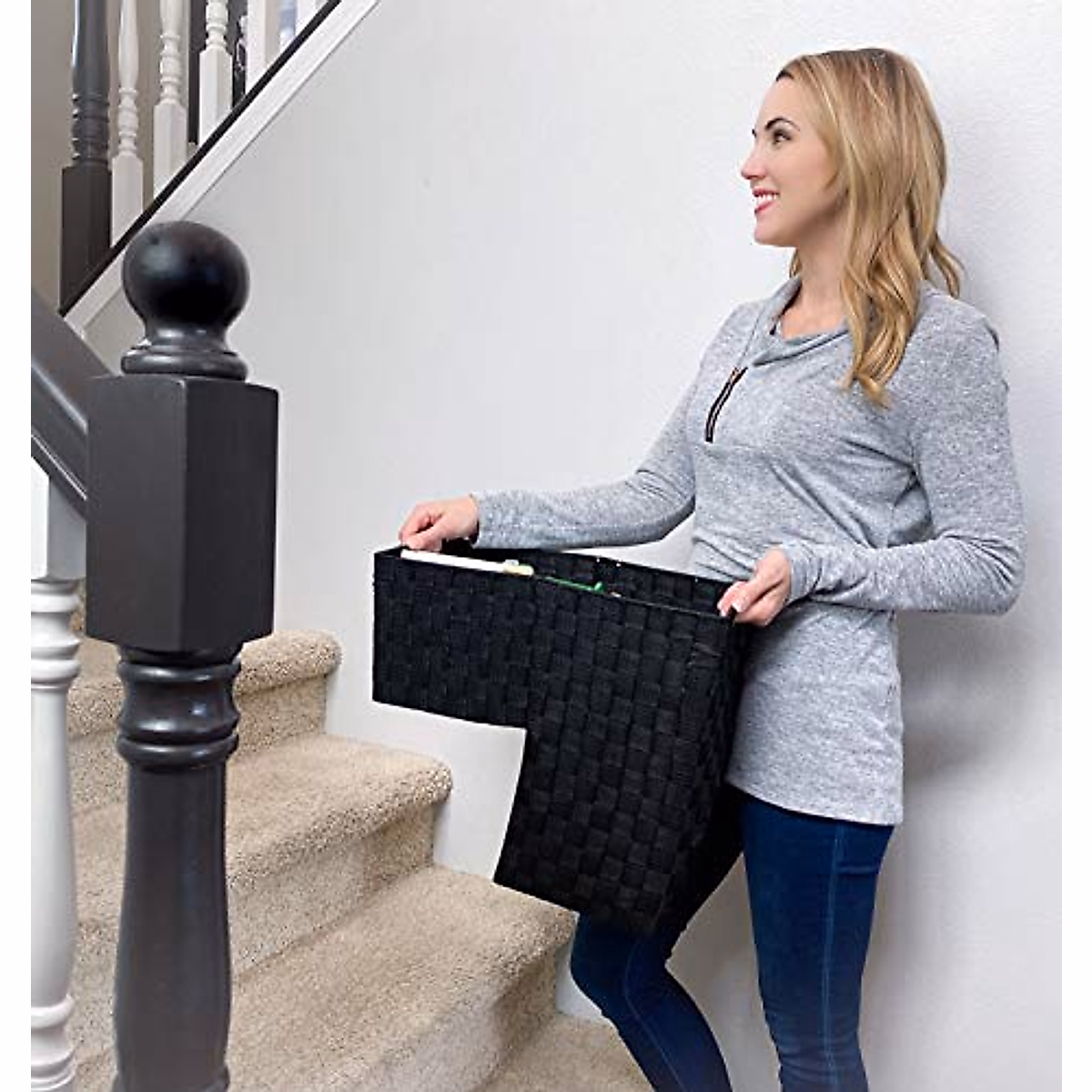HomeModele Wicker Look Stair Basket with Handle | Nylon-Woven (Light Grey)
