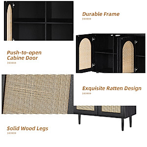 HULALA HOME 63" Wide Sideboard, Modern Sideboard Buffet Storage Cabinet with 4 Doors & 2 Adjustable Shelves, Kitchen Storage Buffet Cabinet Rattan Design, for Hallway, Entryway [Black]