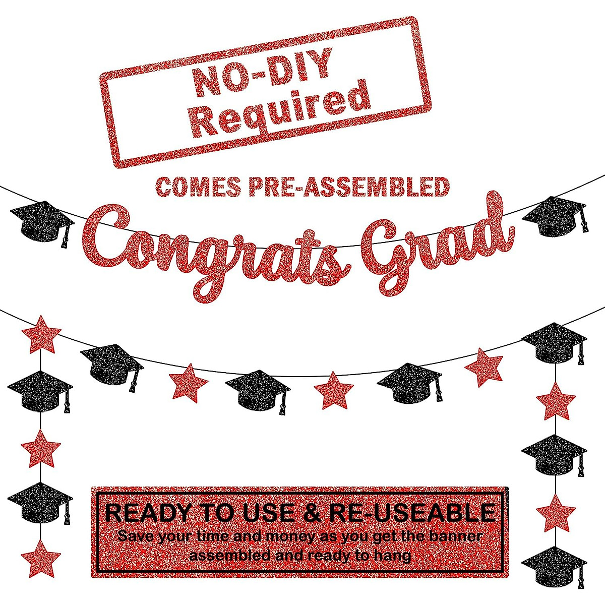 KatchOn, Glitter Congrats Grad Banner Red and Black - 10 Feet | Black and Red Graduation Banner, Grad Cap Garland for Graduation Decorations Class of 2024 | Red and Black Graduation Decorations 2024