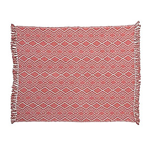 Creative Co-Op Recycled Cotton Blend Geometric Design and Fringe, Multicolor Throw Blanket, Pink