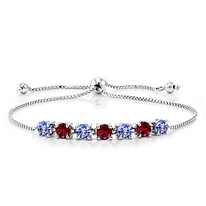 Gem Stone King 925 Sterling Silver Round Blue Tanzanite and Red Created Ruby Tennis Bracelet For Women (2.72 Cttw, Gemstone Birthstone, Fully Adjustable Up to 9 Inch)