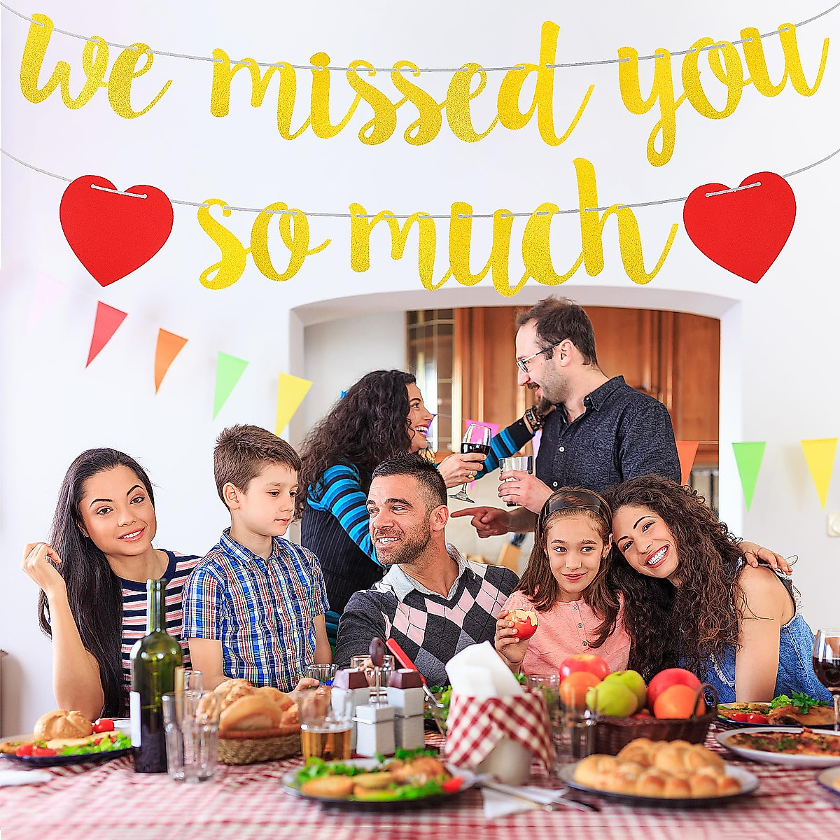 Welcome Home Banner, We Missed You So Much Banner, Welcome Home Decorations for Family Reunion Friends Back Military Graduation Happy Friendsgiving Sign Banner (Gold)