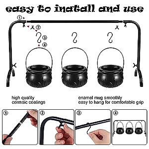 Tanlade Halloween Witch Cauldron, 3 Pcs Candy Serving Bowl on Rack with 3 Black Plastic Cauldron Bowls, Spooky Candy Bucket Punch Bowls for Halloween Party Table Home Decoration(Black)