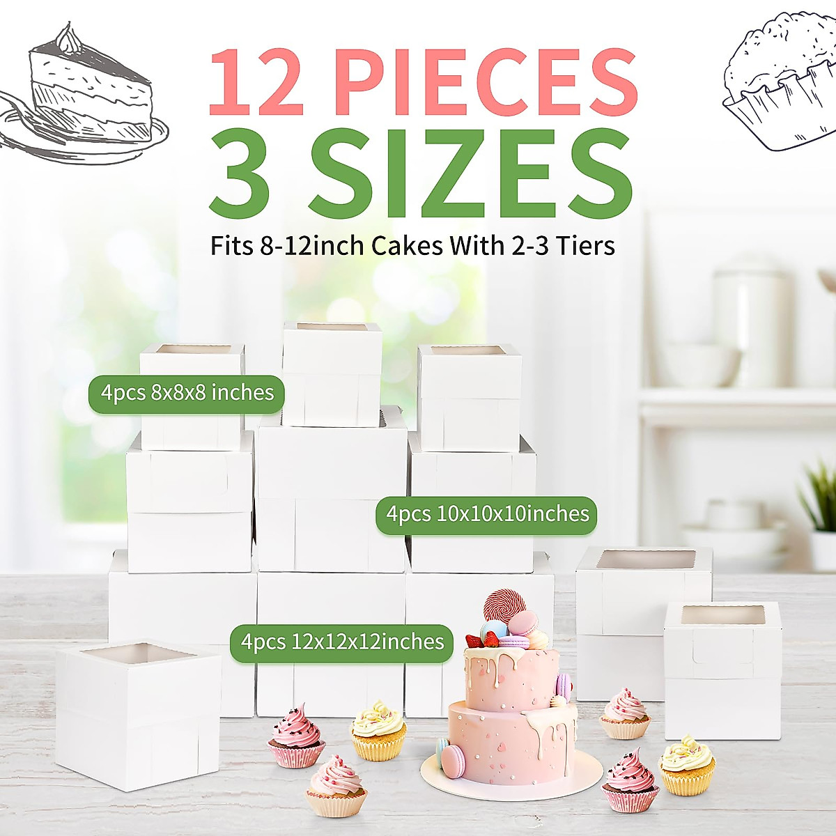Moretoes 12 Pcs Cake Box, Tall Cake Boxes with Window in 3 Sizes 12x12x12 10x10x10 8x8x8 Inches, Bakery Boxes Disposable Carrier Take Out Container, 2 or 3 Tier for Valentine's Day Mother's Day