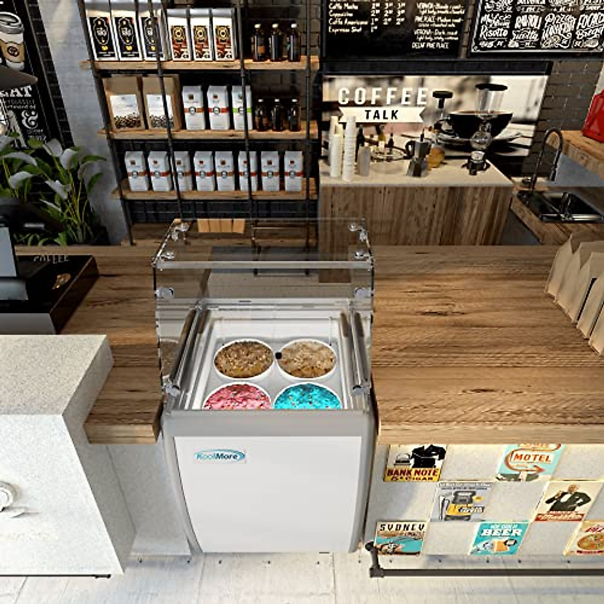 Koolmore 26 inch Commercial Ice Cream Dipping Cabinet Display Case with Sneeze Guard, 4 Large Displayed Tubs, Sliding Glass Door, [5.7 Cu. Ft.] (KM-26FG)