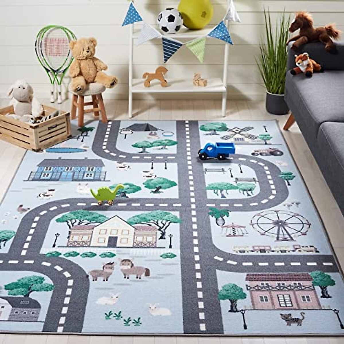 SAFAVIEH Kids Playhouse Collection Area Rug - 6'7" x 9', Blue & Dark Grey, Non-Shedding Machine Washable & Slip Resistant Ideal for High Traffic Areas for Boys & Girls in Playroom (KPH235M)