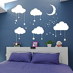 Big Clouds Stars Wall Decal Kids Nursery Bedroom Decor Sticker Clouds Moon Stars Art Baby Decal DIY Decor Clouds Decal (White, 28x35inch)