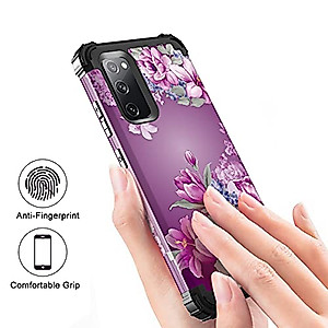 LONTECT for Galaxy S20 FE 5G Case Floral Shockproof Heavy Duty 3 in 1 Hybrid Sturdy Rugged Durable Protective Cover Girls Women Case for Samsung Galaxy S20 FE 5G 6.5 inch,Purple Flower/Black