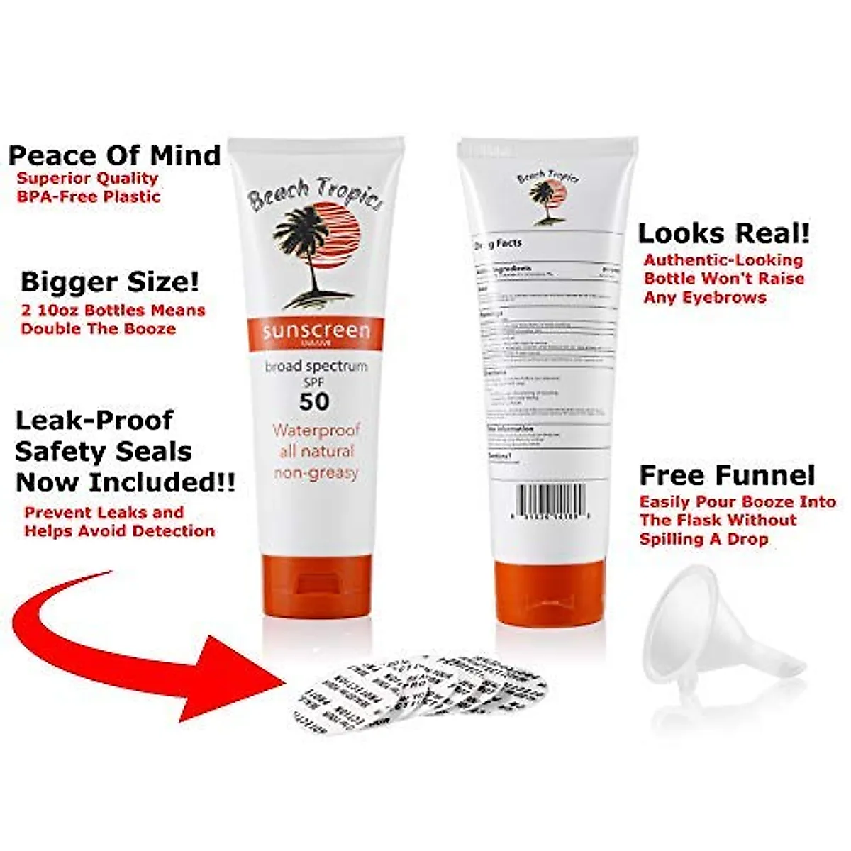 Sunscreen Flask - 10oz Hidden Alcohol Flask Lets You Take Booze Anywhere Includes FREE Funnel and Extra Leak-Proof Safety Seals For Secret Flasks by Classy Wino Always Drink Responsibly - Set of 2