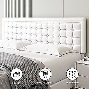 HIFIT King Size Bed Frame, Upholstered Platform Bed with Button Tufted Adjustable Headboard, Modern Faux Leather Upholstered Mattress Foundation, No Box Spring Needed, Easy Assembly, White