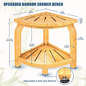 KingPavonini Bamboo Corner Shower Stool for Shaving Legs Foot Rest, Waterproof Bath Bench Seat with Storage Shelf for Bathroom Inside Shower, Hold Up to 450Lbs(Bamboo)