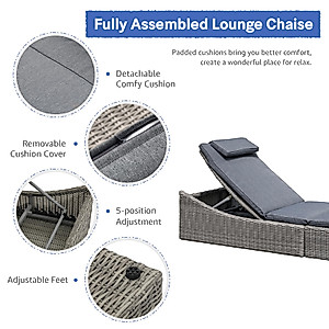 Soleil Jardin Folding Outdoor Adjustable Chaise Lounge Chair with Removable Cushion, Fully Assembled, Patio PE Rattan Reclining Lounger for Pool Beach, Gray