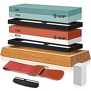 7PCS Knife Sharpening Stones, UUP Whetstone Sharpener Kit with Premium 4 Sides 400/1000 3000/8000 Grit Wet Stone Set, Leather Strop, Angle Guide, Flattening Stone for Kitchen Pocket Knives, Blade