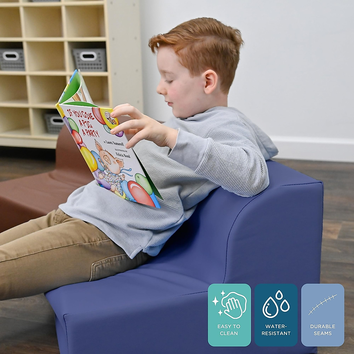 Children's Factory Library Lounger, Flexible Seating Classroom Furniture, Comfy Kids Chairs, Navy, Single Lounger