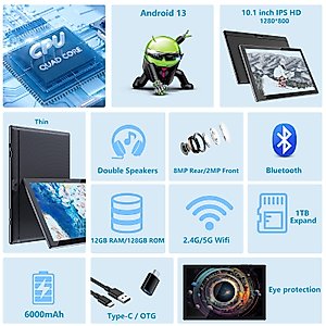 Newest 2024 Android 13 Tablet, 10.1 inch 2 in 1 Tablet with Octa-core Processor, 12GB RAM+128GB+1TB Expand, Long Lasting Battery, 2.4G/5G WiFi 6, Bluetooth 5.0, Dual Camera, Play GMS Certified