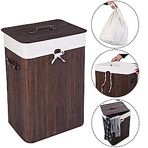 Laundry Hamper Bamboo Laundry Basket, Clothes Hamper with Lid and Removable Liner, Single Lattice Bamboo Folding Basket Body with Cover , Rectangle Clothes Bin for Laundry Room Bedroom (Dark Brown)