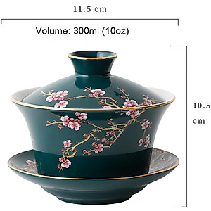 YBK Tech 10oz Large Gaiwan, Porcelain Kung Fu Tea Cup and Saucer with Lid, Chinese Traditional Gaiwan, Sancai Tea Bowl - Embossed Plum Patterns (Green)