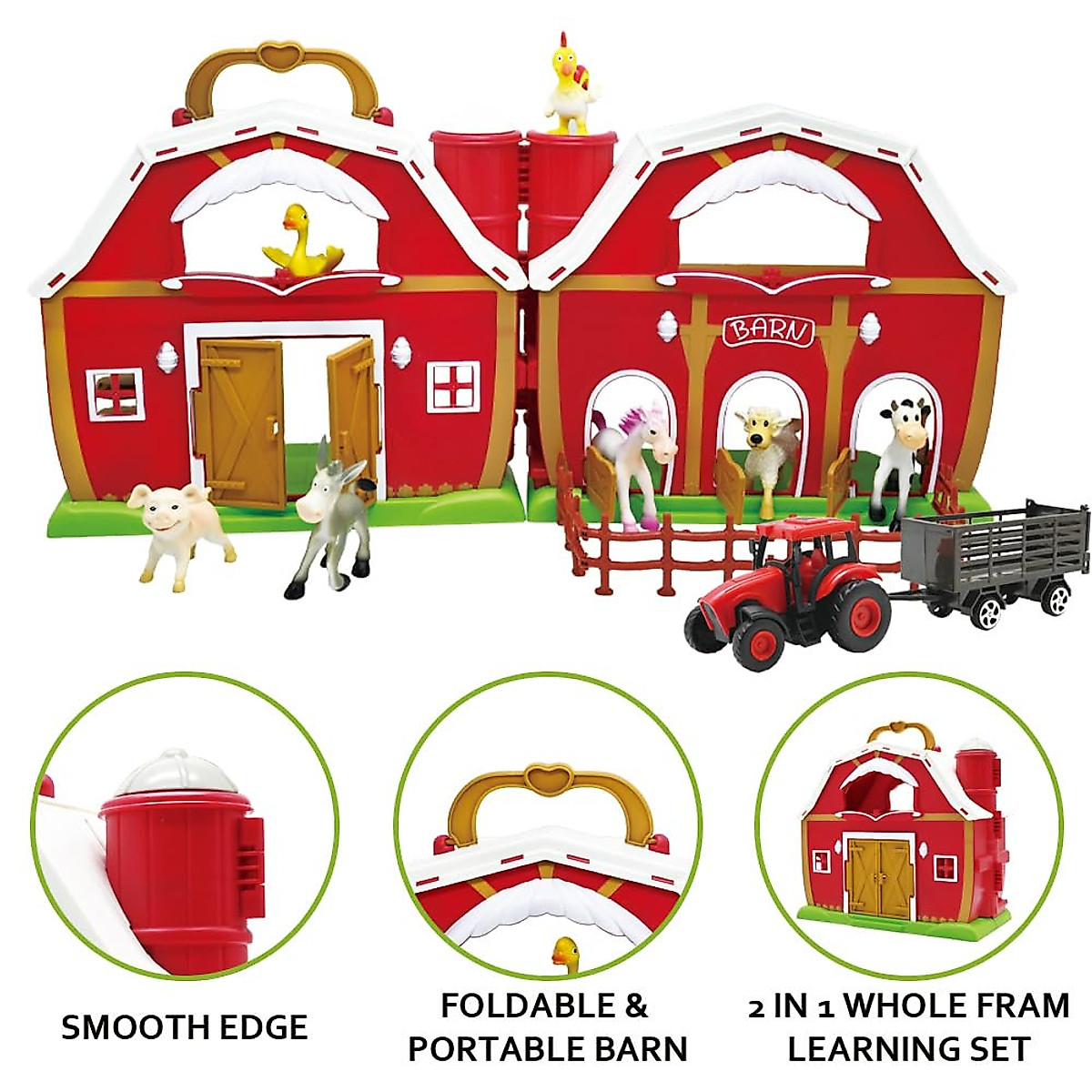 Big Red Barn Farm Figures Animals Toys for Toddlers, Cute Farm Figurines, Fence and Farmer Vehicle Toy Truck Pretend Farm Playset for 3+ Years Old Kids Girls Boys Educational Learning Toys