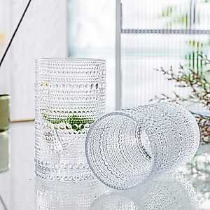 POLIDREAM Hobnail Drinking Glasses Set of 4, Art Deco Vintage Glassware, 12 oz Tall Crystal Tumblers, Clear Embossed Glass Cups, Romantic Iced Beverage Glass, for Beer, Cocktail, Soda, Cappuccino