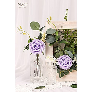 N&T NIETING Purple Roses Artificial Flowers 25Pcs Fake Flowers Foam Roses with Stems for DIY Wedding Bridesmaid Bridal Bouquets Centerpieces Party Home Decoration Baby Shower, Series Purple