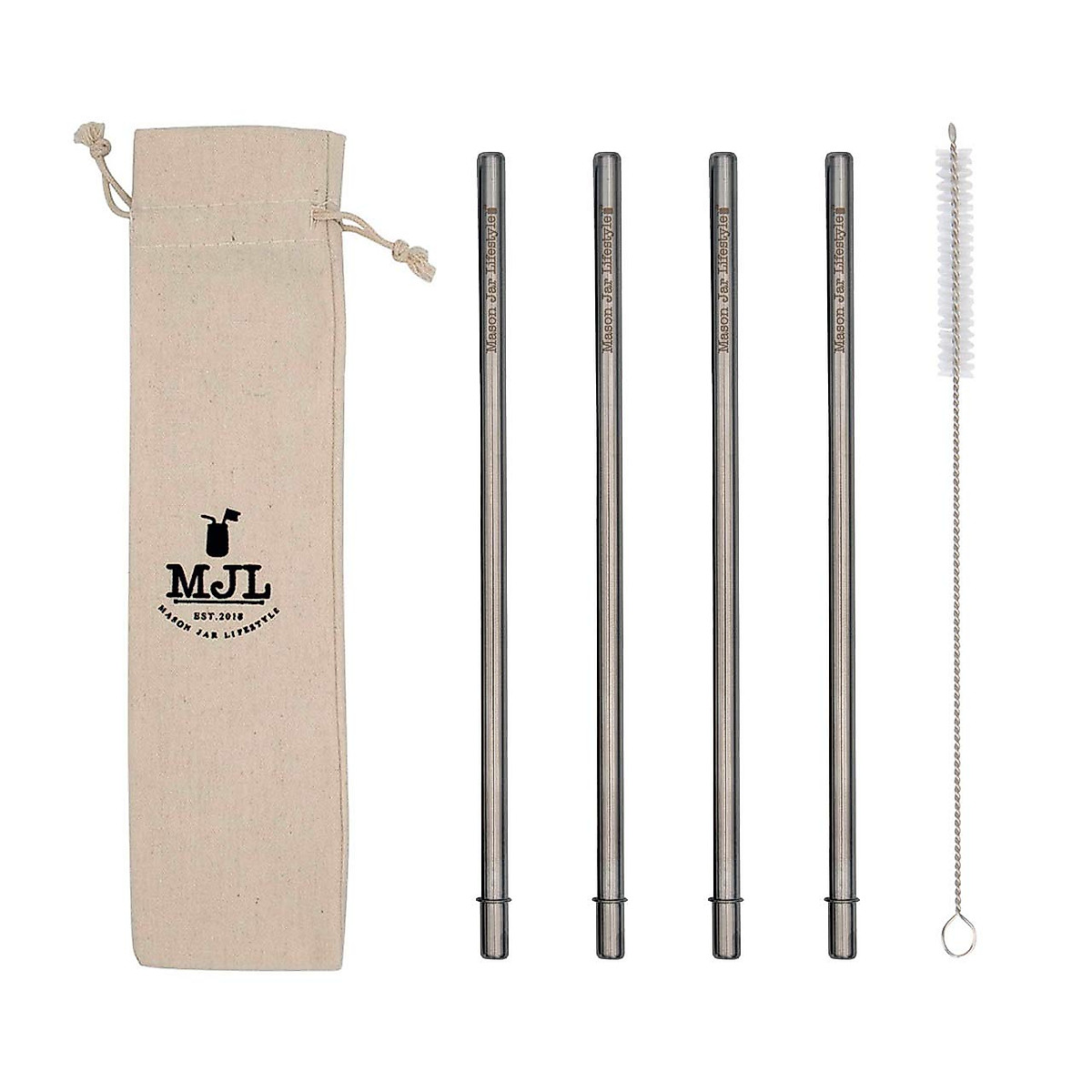 Long Safer Rounded End Stainless Steel Metal Straws for Large Cups, Tall Glasses, or Quart Mason Jars (4 Pack + Cleaning Brush + Bag)