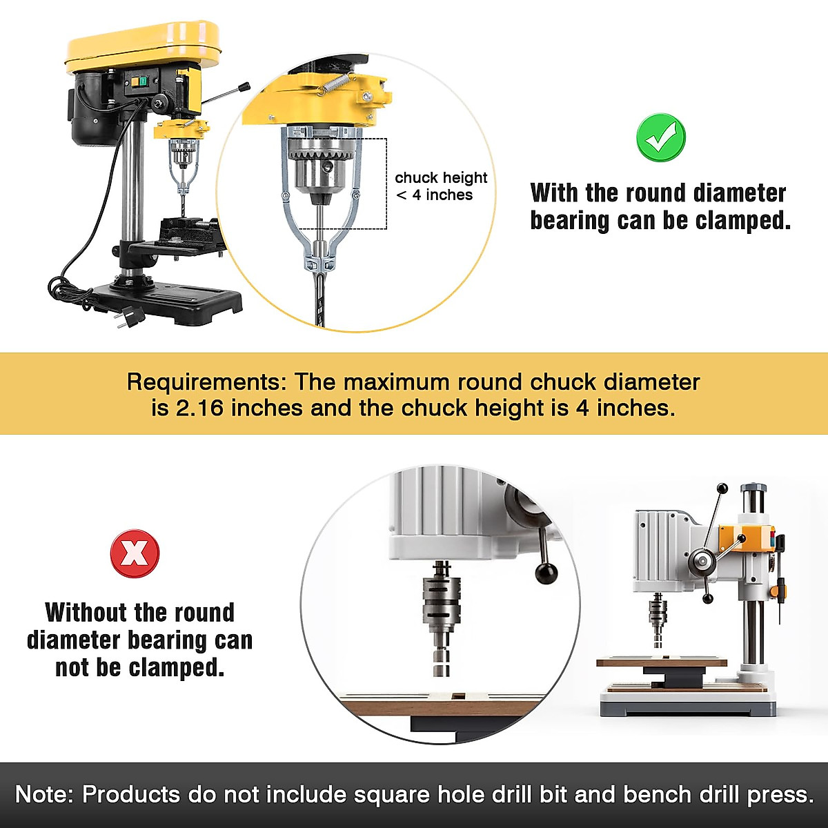 Garaook Square Hole Drill Bit Adapter, Galvanize Mortising Attachment for Drill Press, Only Compatible with Bench Drill Press and Corded Drill Featuring The Non-Rotating Clamping Bearing