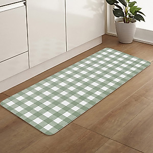 Sage Green Buffalo Plaid Kitchen Rug Set 2 Pieces Non-Slip Entryway Doormat, Farmhouse Green White Checkered Cushioned Runner Rug Standing Floor Rugs Door Mats, (20" x 32"+20" x 63")