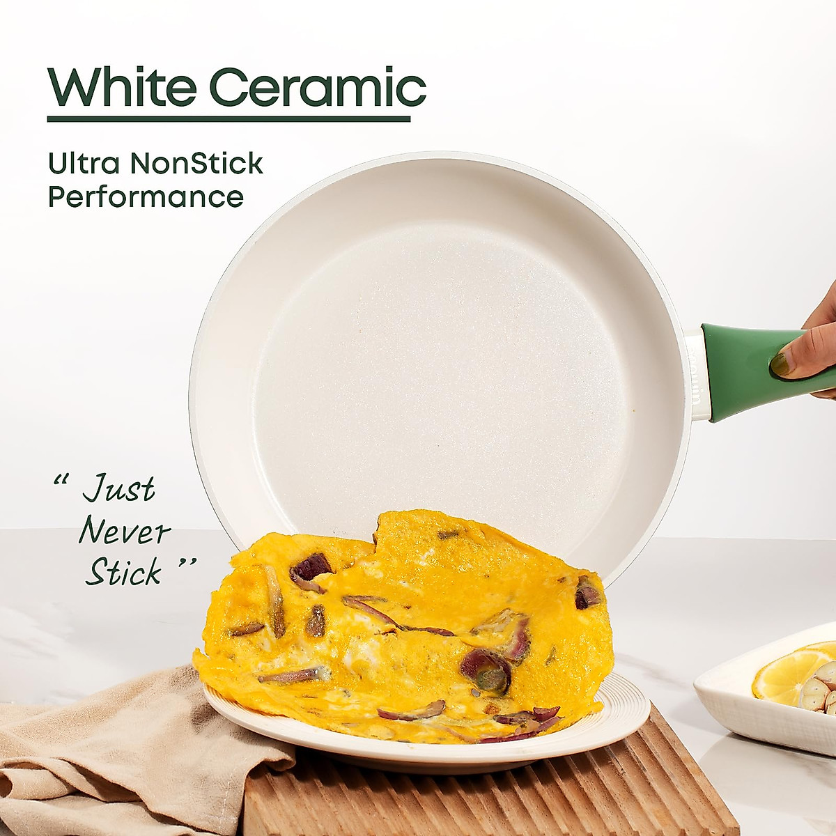 Ecowin Nonstick Frying Pan Egg Pan 8 Inch, Green Nonstick Skillet with Lid,Ceramic Egg Frying Pan with Glass Lid, Dishwasher and Oven Safe,Induction Compatible, PFOA Free