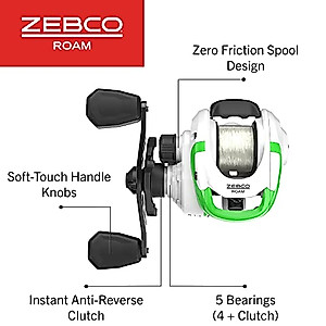 Zebco Roam Baitcast Reel and Fishing Rod Combo, 6-Foot 6-Inch 2-Piece Fiberglass Fishing Pole with Split-Grip MaxTac Rod Handle, Lightweight Graphite Frame, Right-Hand Retrieve, Green