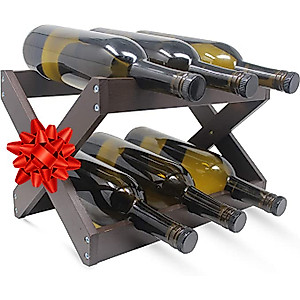 Hivory Small Wine Rack Countertop ~ 6 Bottle Wine Holder Stand ~ Foldable Bamboo Wine Storage Rack for Kitchen, Bar, Cabinets (Brown, 1)