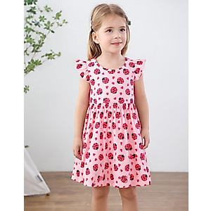 Girls Ladybug Dress Short Sleeve Ruffle Sundresses Kids Summer Outfits Animal Print Clothes Toddler Pink Swing Dresses 2-3 Years Old
