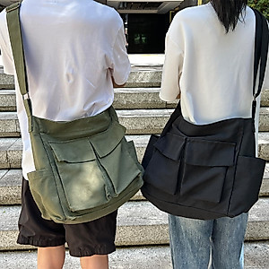 Canvas Messenger Bag, Multi-pockets Casual Canvas Tote for College Large Crossbody Shoulder Bag for Women and Men, Army Green