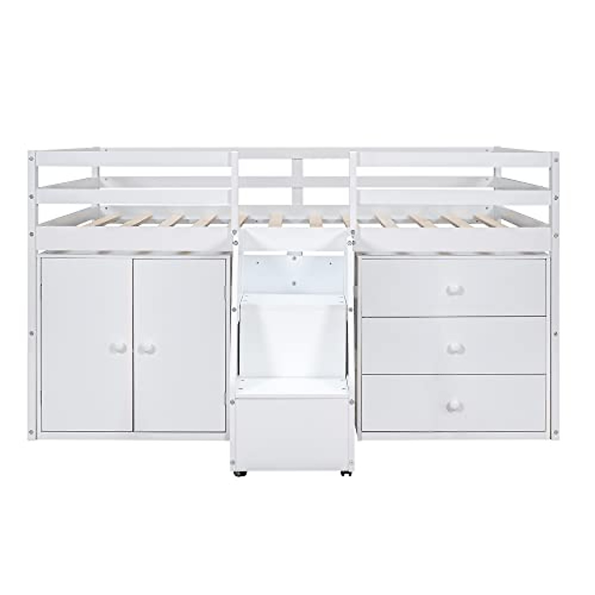 MOEO Full Size Functional Loft Bed with Cabinet, 3 Drawers and Hanging Clothes at The Back of The Staircase, Wooden Bedframe w/Movable Wheels, Maximum Space Design for Kids Bedroom, White