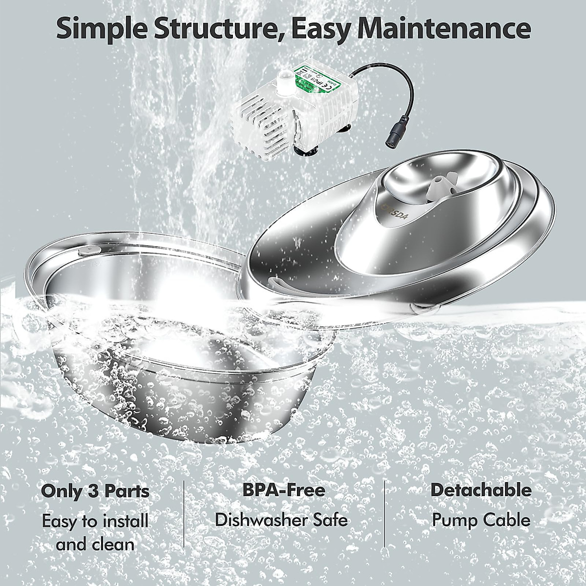 ORSDA Cat Water Fountain Stainless Steel, 2L/67oz Pet Fountain for Cats Inside, Automatic Dog Drinking Dispenser Cat Feeding & Watering Supplies with 2 Filter