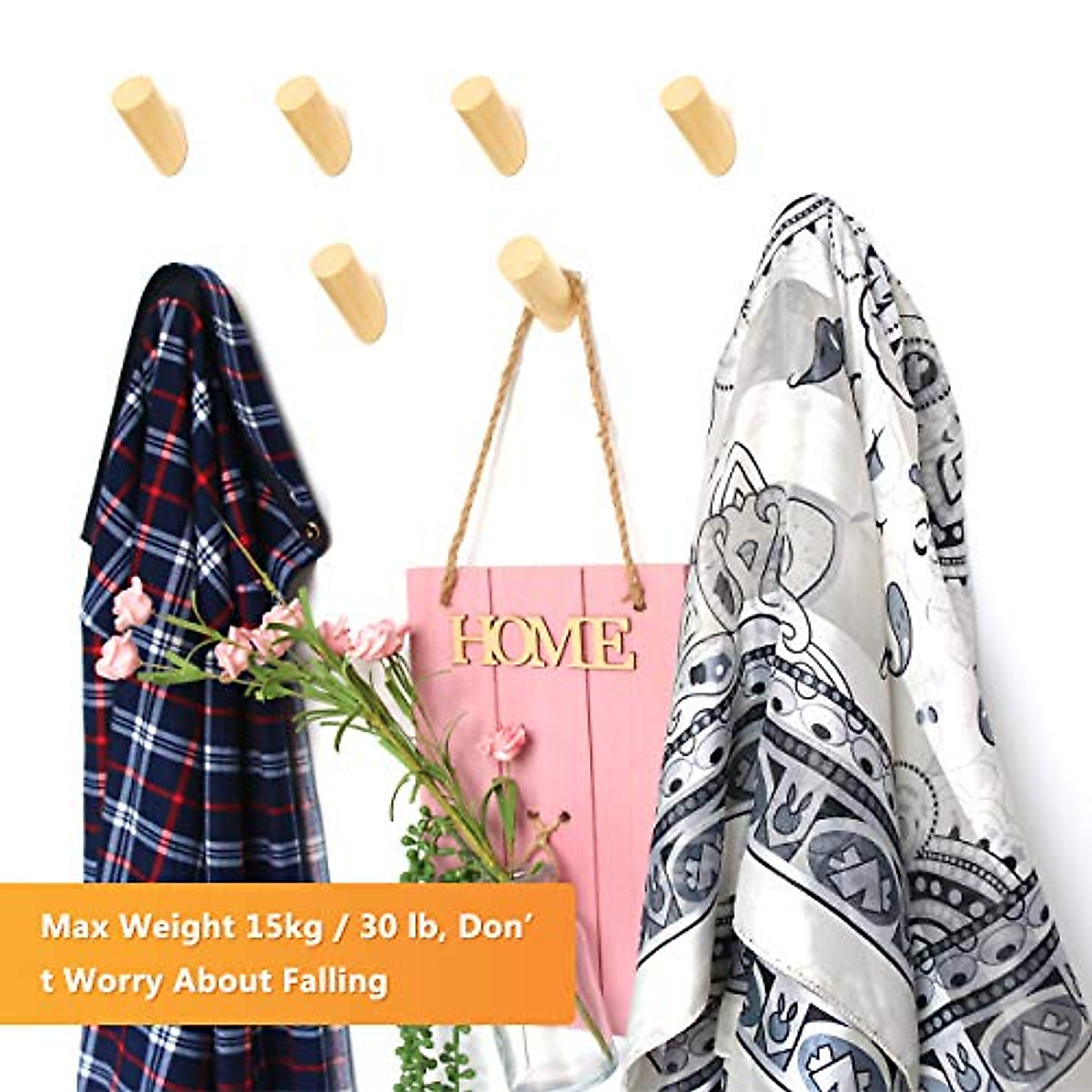 ForTomorrow WaaWee 8 Pack Wood Wall Hooks, Natural Wooden Coat Hooks with Pegs for Hanging Coats,Towels, Hats, Plants(2.32 Inch)