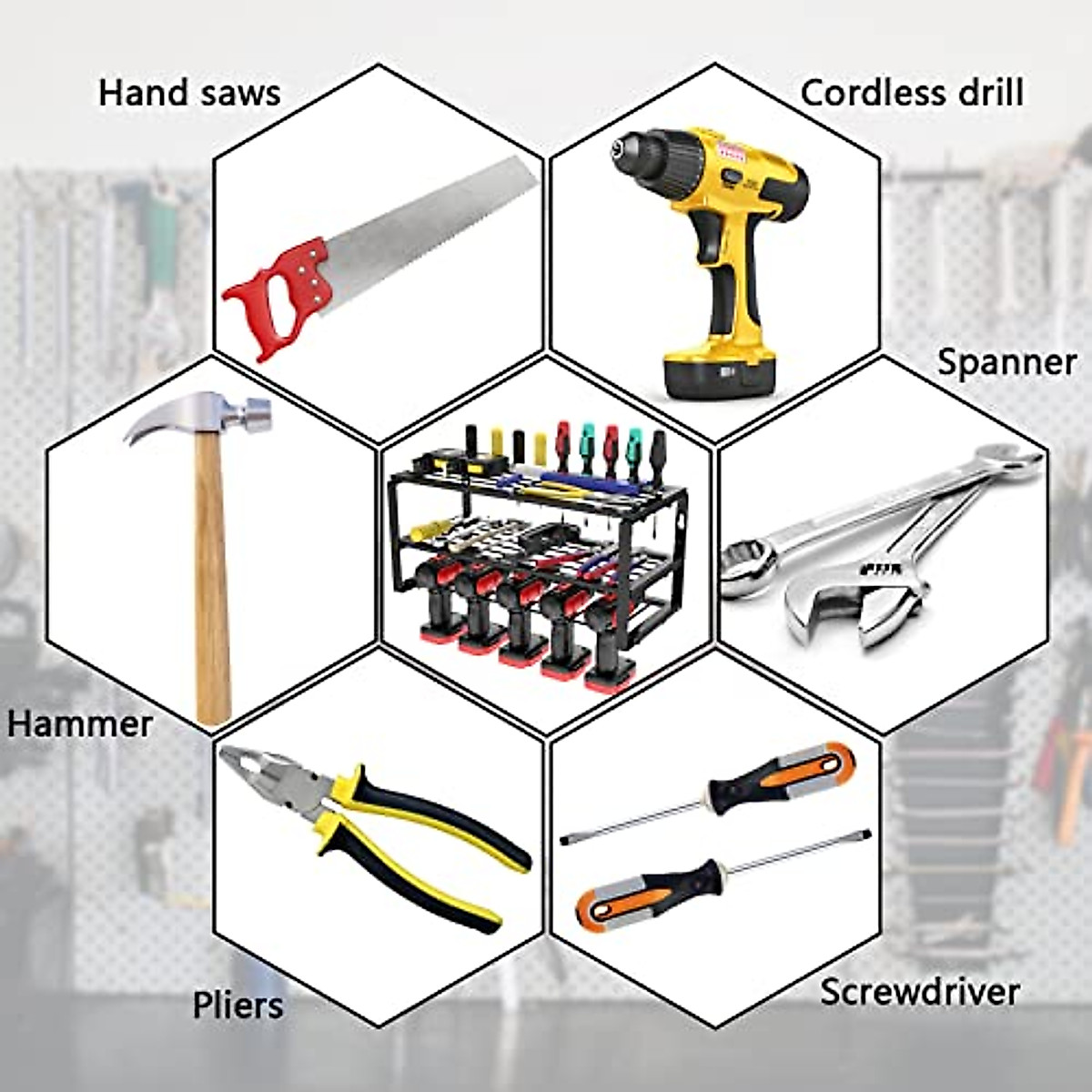 BaiYuan Power Tool Organizer with 5 Drill Holder, Wall Mount Garage Tool Organizers and Storage Rack, 3 Layers Heavy Duty Metal Tool Shelf, Cordless Drill Storage or Drill Charging Station